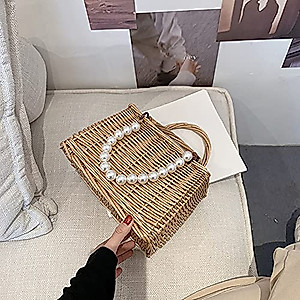 Pearl Handle Rattan Handbag, Straw Shoulder Bag Tote Bags, Mini Basket Handbag