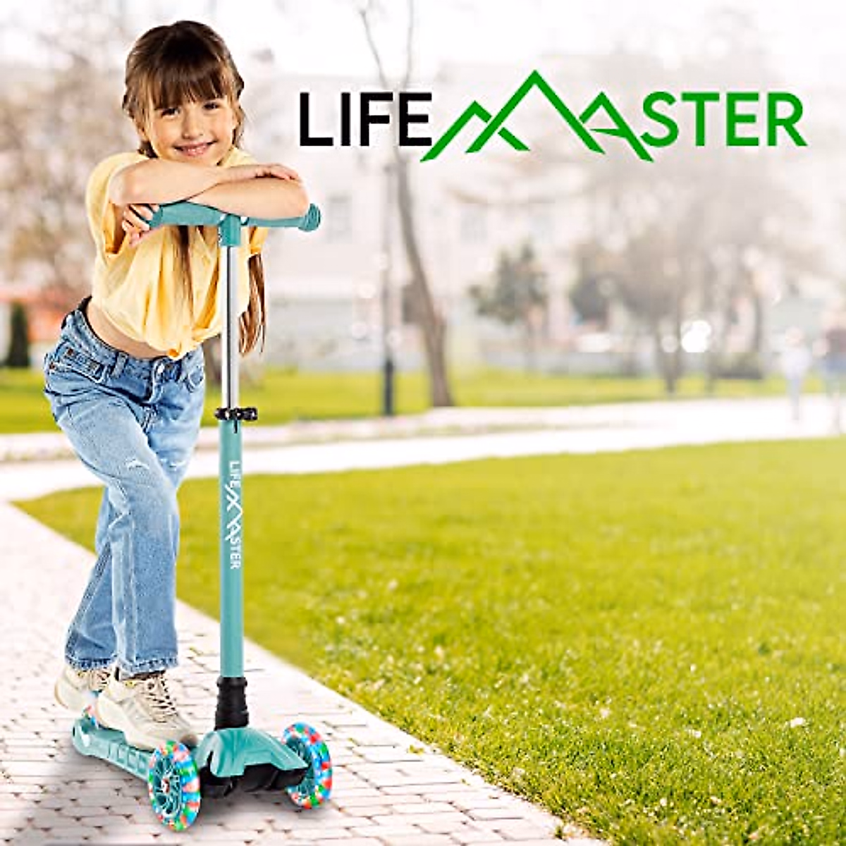 Kids Scooter – Children and Toddler 3 Wheel Kick Scooter – LED Wheel Lights Illuminate When Rolling– Adjustable Handlebar – Indoor and Outdoor Teal - Lifemaster