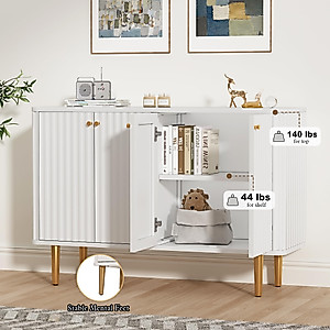 HLR Sideboard Buffet Cabinet, 48" Modern Accent Cabinet with 4 Door and Removable Shelves, Credenza Entryway Cabinet with Storage for Living Room, Dinning Room, Ivory White
