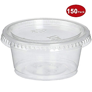 DuraHome Plastic Portion Cups with Lids 2 oz. Pack of 150 Leakproof Jello Shot Cup Mini Containers for Salad Dressing Sauce Condiment Snack Souffle and Salsa, Disposable
