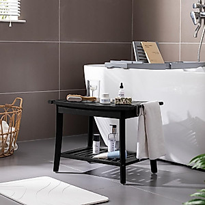 Oyydecor Premium Bamboo Shower Bench, Waterproof Shower Stool with Storage, Handles, and Towel Shelf, Wood Shower Chair for Inside Shower & Outdoor Use