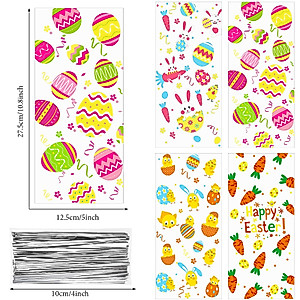 100 Pieces Easter Cellophane Treat Bags, Easter Egg Bunny Chick Carrot Printed Pattern Clear Plastic Candy Goodies Bags with 100 Silver Twist Ties for Easter Day Party Supplies, 4 Assorted Style