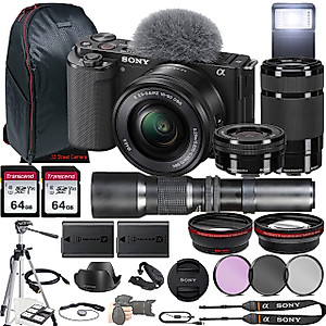 Sony ZV-E10 Mirrorless Camera w/E PZ 16-50mm f/3.5-5.6 OSS Lens + E 55-210mm f/4.5-6.3 OSS Lens + 500mm f/8 Focus Lens + 2X 64GB Memory + Case + Filters + Tripod & More (35pc Bundle)