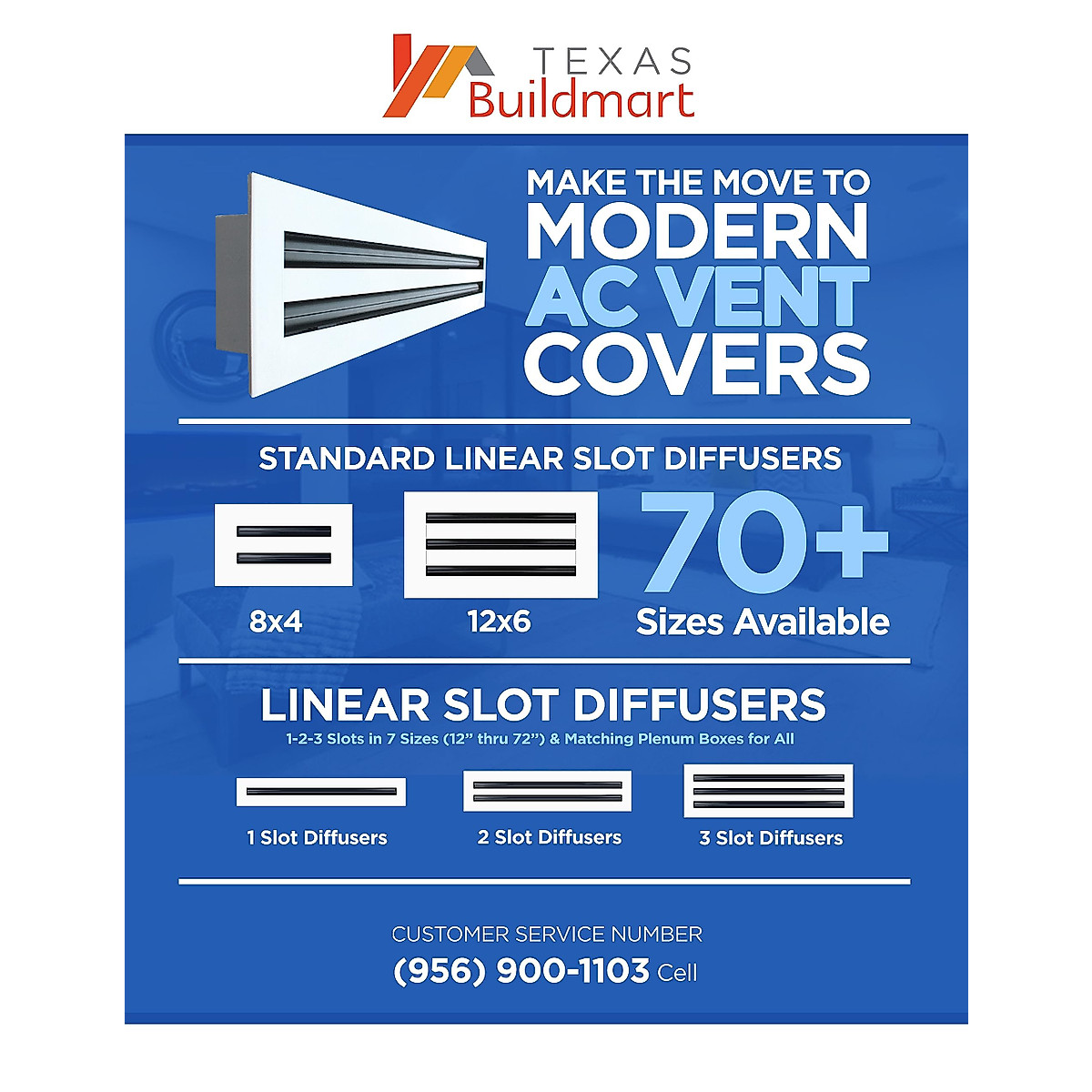 BUILDMART - 8x6 Modern AC Vent Cover - Decorative White Air Vent - Standard Linear Slot Diffuser - Register Grille for Ceiling, Walls & Floors - Texas Buildmart