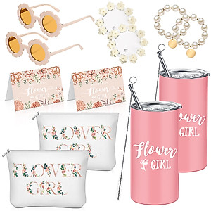 Inbagi 12 Pcs Flower Girl Set Including Flower Girl Tumbler Round Flower Sunglasses Canvas Bag Will You Be My Flower Girl Proposal Card Bracelet Hair Clip for Wedding Engagement Bridal Party(Pink)