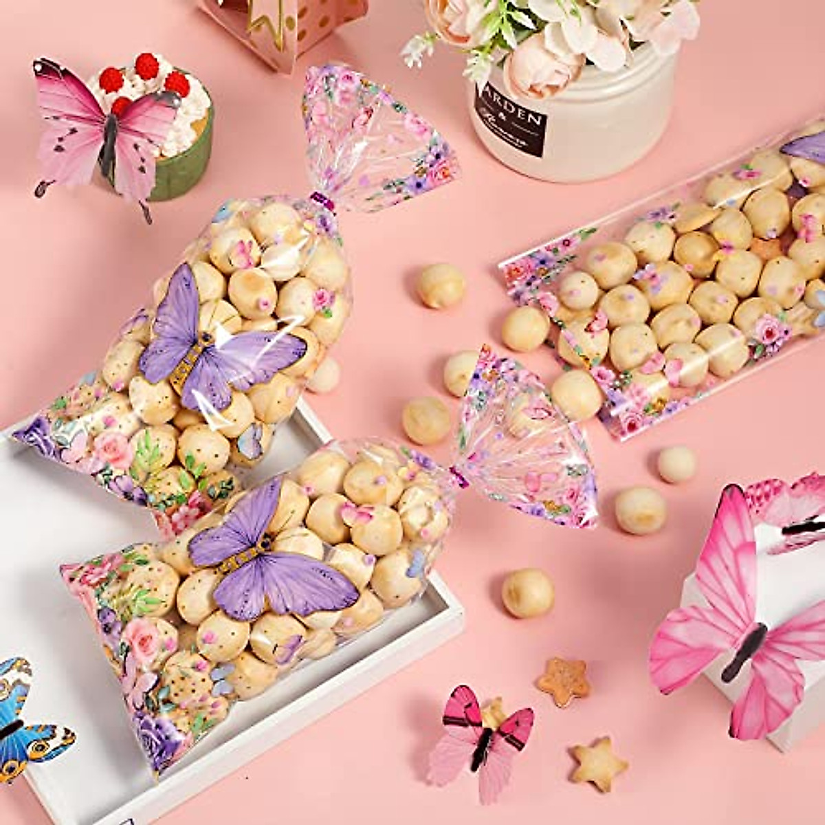 100 Pcs Butterflies Cellophane Treat Bags Plastic Butterfly Party Favors Watercolor Butterfly Cello Candy Bag with 100 Twist Ties for Butterfly Theme Baby Shower Girl Birthday Party Supplies (Purple)