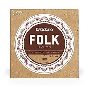 D'Addario Guitar Strings - Folk Nylon Guitar Strings - EJ34 Classical Guitar Strings - Nylon Core, Ball End - 80/20 Bronze Wrap, Black Nylon Trebles