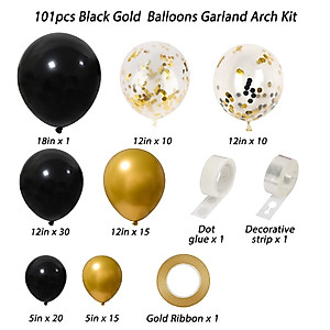 RUBFAC 101pcs Black and Gold Balloon Garland Arch Kit with Confetti Balloons for Graduation Birthday Party Decorations