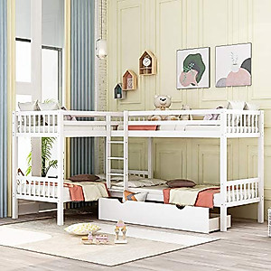 RORIGAT Twin Over Twin Quad Bunk Bed with Trundle Bed, L-Shape Bunk Bed for 4 with Ladder, Wooden Corner Bunk Bed for 4 Kids Boys Girls Teens,Gray