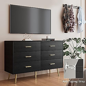 MAISONPEX 6 Drawer Dresser with Metal Handles , Black Modern Wood ,Chest of Drawers, Sturdy Frame Bedroom Furniture with Drawers for Closet Hallway, Living Room