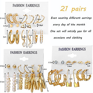 21Pairs Gold Pearl Earrings Set for Women Girls, Fashion Chain Link Hoop Stud Drop Dangle Earrings Jewelry for Birthday Party Christmas Jewelry Presents, Paperclip Hypoallergenic Earrings