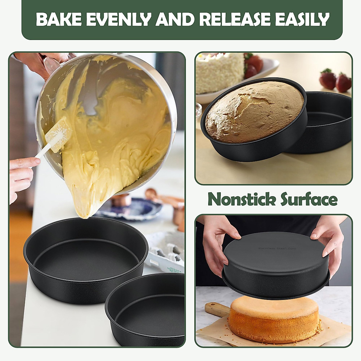 E-far 9.5 Inch Cake Pan Set of 3, Nonstick Round Baking Layer Cake Pans, Stainless Steel Core & Non-Toxic Coating, 2 Inch Deep (Black)
