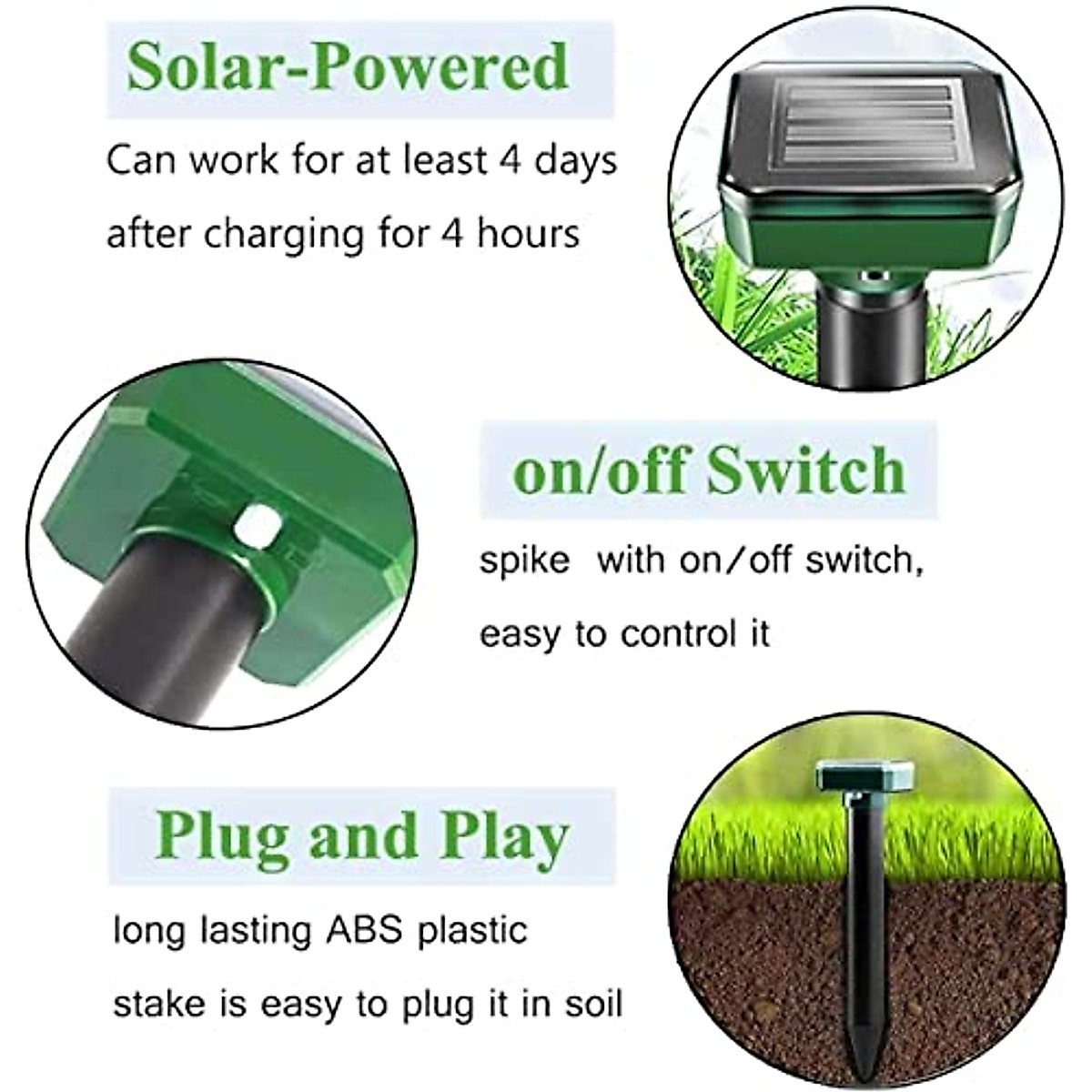 Solar Powered Mole Repellent Stakes - Safe and Quiet Ultrasonic Outdoor Pest Repellent Spike for Gopher, Vole, Groundhog and Shrews - Waterproof Outdoor Pest Deterrent for Lawn and Garden - 4 Pack
