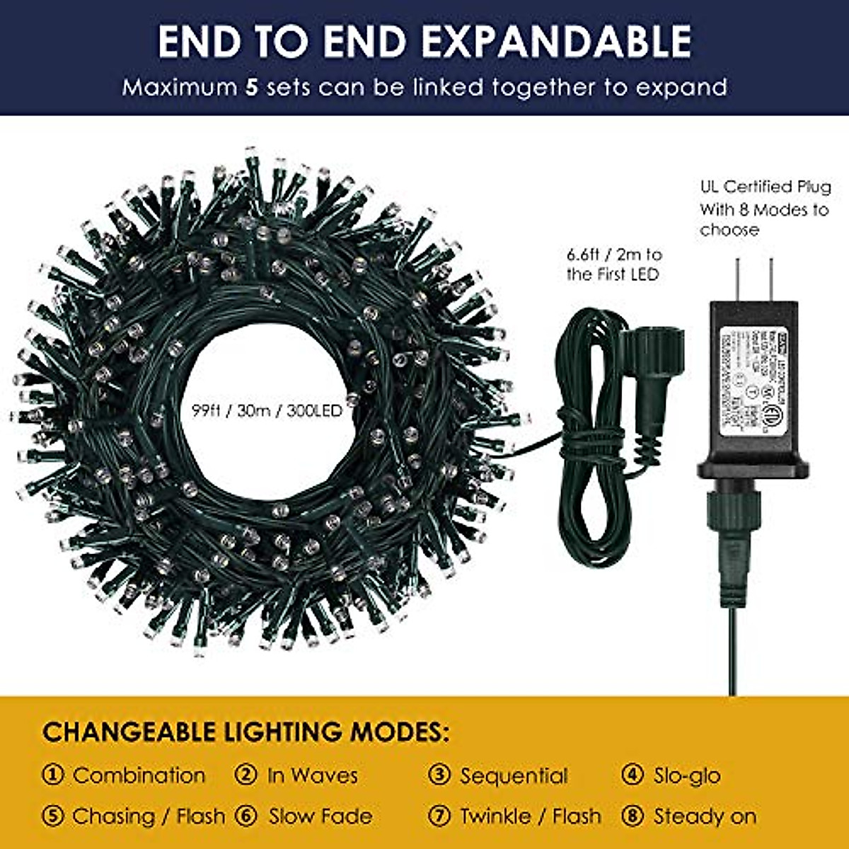 XUNXMAS Outdoor Christmas String Lights 300LED 106ft, Christmas Tree Lights with 8 Lighting Modes, Plug in Indoor Outdoor Twinkle Lights for Tree Garden Wedding Party Decoration, Warm White