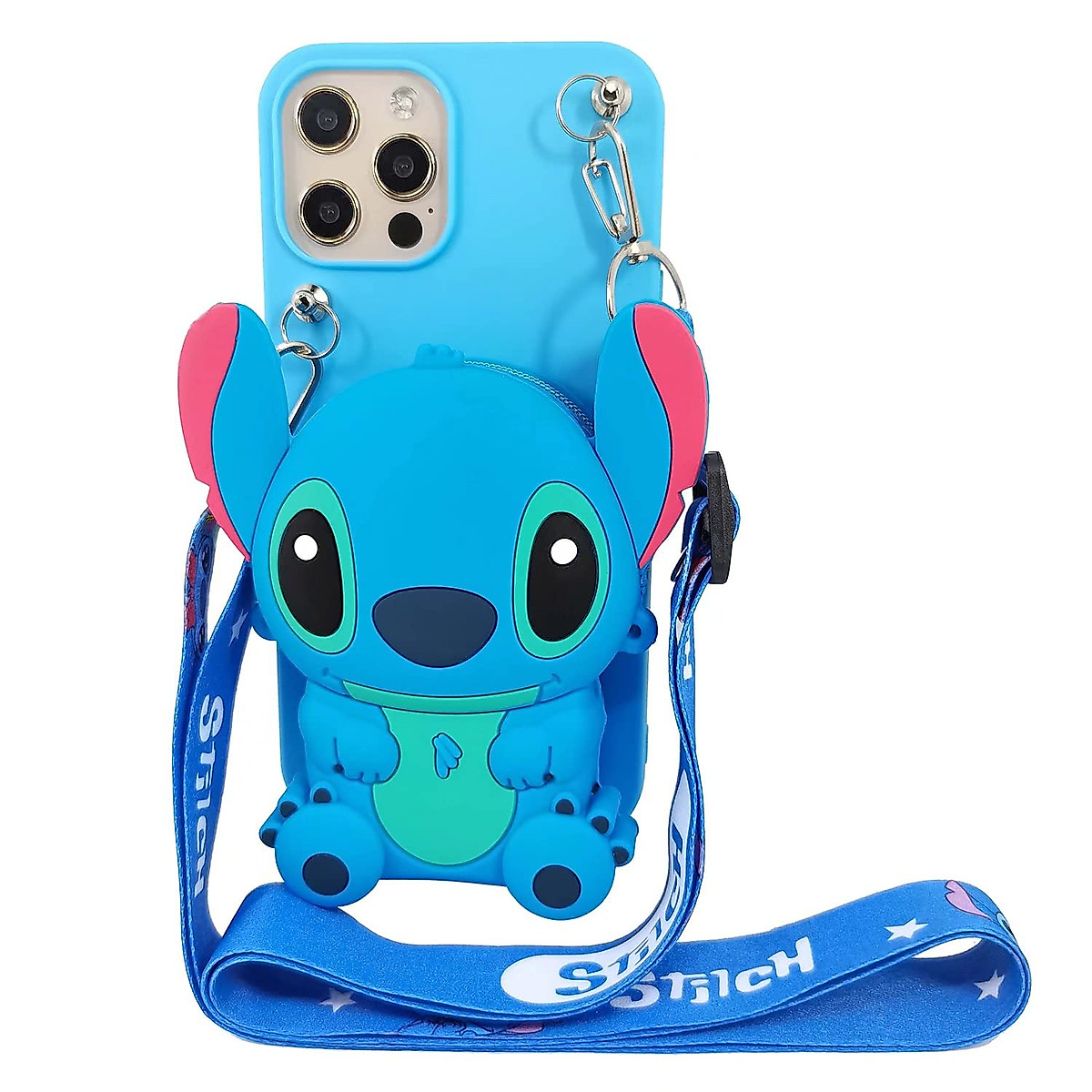 Maoerdo Case Compatible with iPhone 13 Pro Max Cute 3D Cartoon Purse Wallet with Lanyard Wrist Strap Silicone Cover Camera Lens Protector for iPhone 13 Pro Max 6.7-inch 2021 Alien Dog Blue