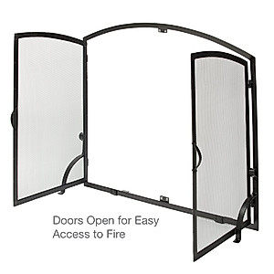 UniFlame, S-1064, Large Single Panel Black Wrought Iron Fireplace Screen with Doors