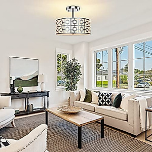 DLLT Semi Flush Mount Ceiling Light, 3-Light Modern Entry Light Fixture Ceiling Hanging with Drum Shade for Bedroom, Dining Room, Kitchen, Hallway, Entry, Living Room, Brushed Chrome Finish