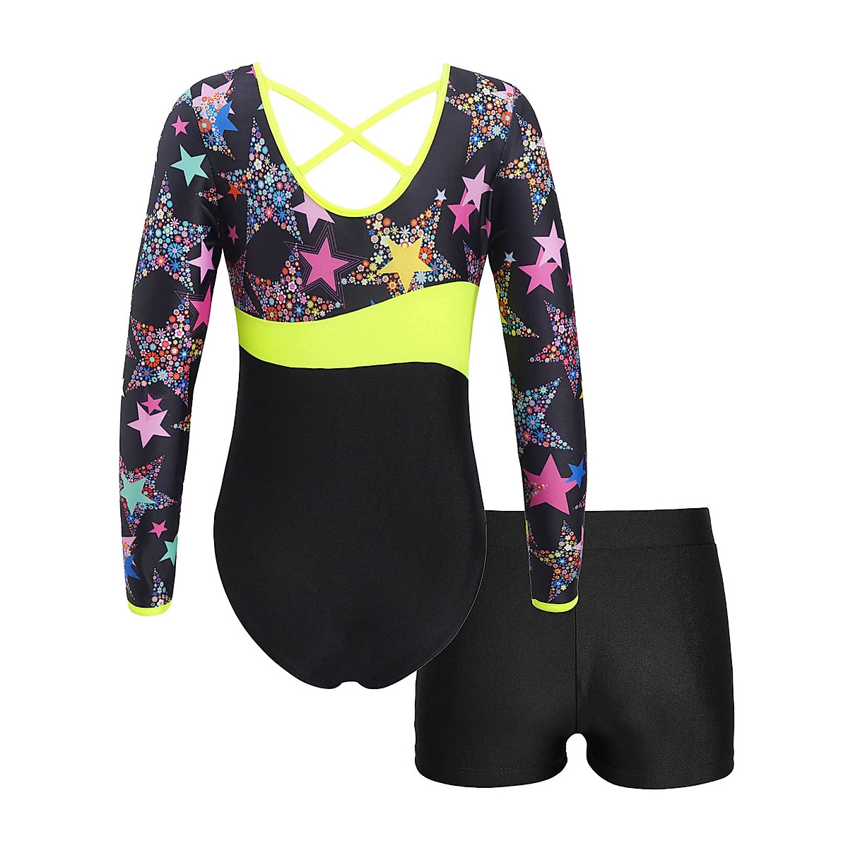 Daenrui Kids Girls Long Sleeve Gymnastics Leotards with Shorts Biketard 2 Pieces Ballet Dance Outfits Tracksuit Starry 12 Years