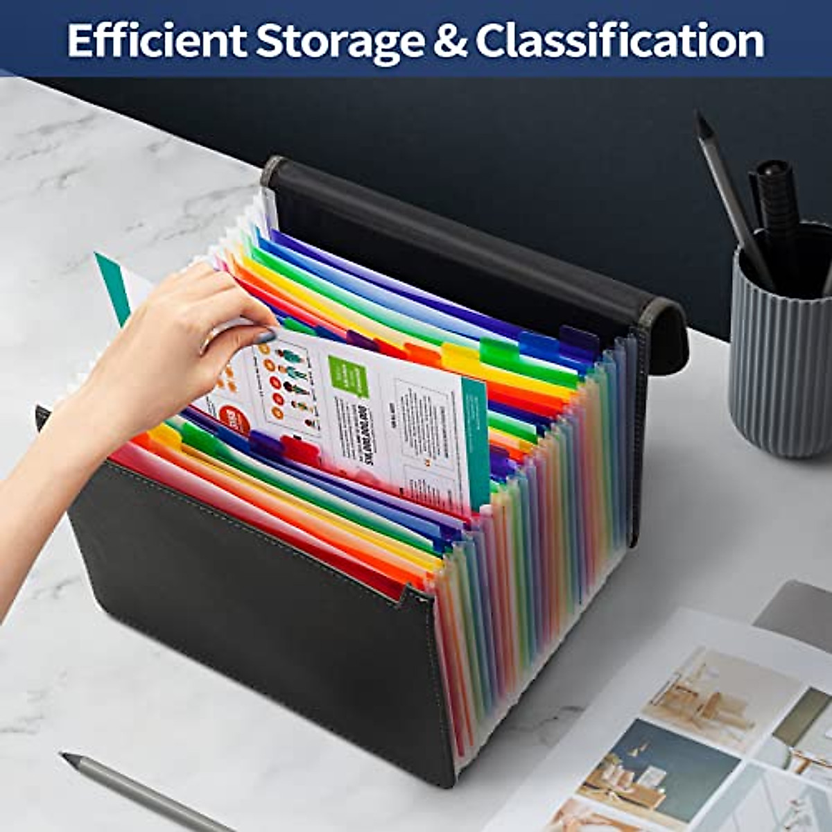 Sooez 24 Pockets Accordion File Organizer, Letter Size, Durable Leather Expanding File Folder, Paper Bill Tax Receipt Organizer, Large Capacity Document Holder with Blank Labels, Black
