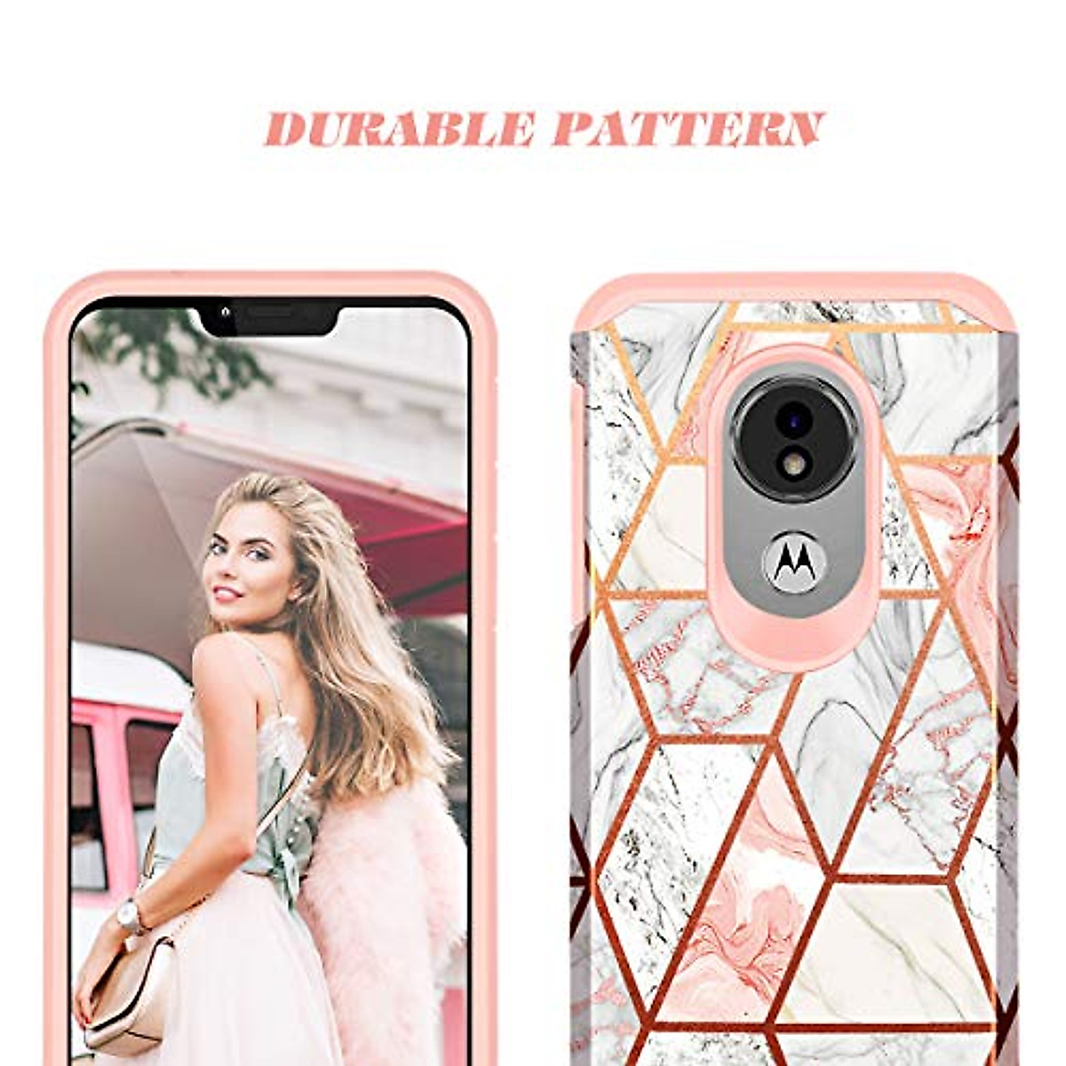 Fingic Case for Moto G7 Power, Case for Moto G7 Supra, Case for Moto G7 Optimo Maxx, Rose Gold Marble Design Shiny Glitter Bumper Hybrid Hard PC Soft Silicone Anti-Scratch Shockproof Protective Case