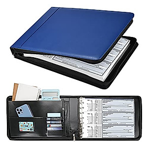 Business Check 7 Ring Checkbook Binder, PU Leather Portfolio, Built in Storage Organizer [Blue]