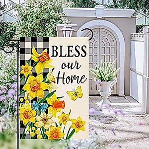 ORTIGIA Spring Floral Garden Flag Burlap Double Sided Vertical 12x18 Inch Bless Our Home Yard Decor Buffalo Plaid Check Summer Daffodils Flowers Butterflies Porch Flag Farmhouse Seasonal Outdoor Flag