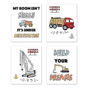 Sweet Jojo Designs Construction Truck Wall Art Prints Room Decor for Baby, Nursery, and Kids - Set of 4 - Grey Yellow Orange Red and Blue Transportation
