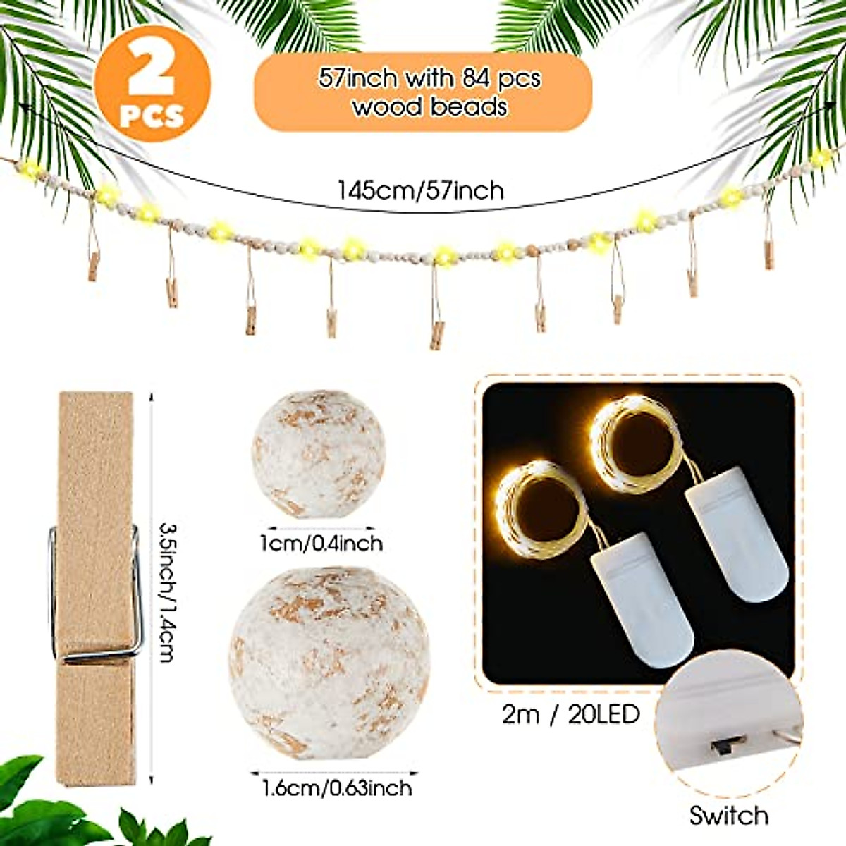 2 Pcs LED Wall Hanging Photo Display with Wooden Beads Boho Garland Decor 4.75 Feet String Lights with 9 DIY Photo Collage Card Holders Clips for Christmas Home Light Decor