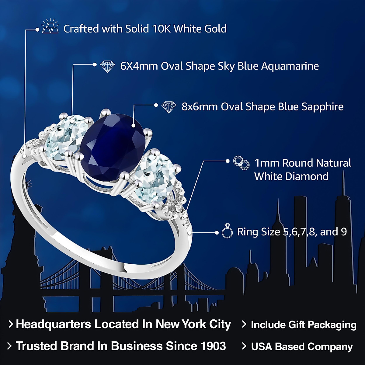 Gem Stone King 2.70 Cttw 10K White Gold Oval Blue Sapphire Sky Blue Aquamarine and Diamond Accent 3-Stone Engagement Ring | 3 Stone Wedding Anniversary Promise Ring For Women (Size 7)