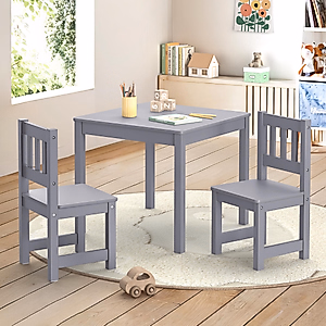 Curipeer Toddler Table and Chair Set, Kids Table and Chairs, Kids Table with Rubber Wood Legs for Children, Toddler Table and 2 Chairs for Kid's Room, Bedroom, Playroom (Gray)