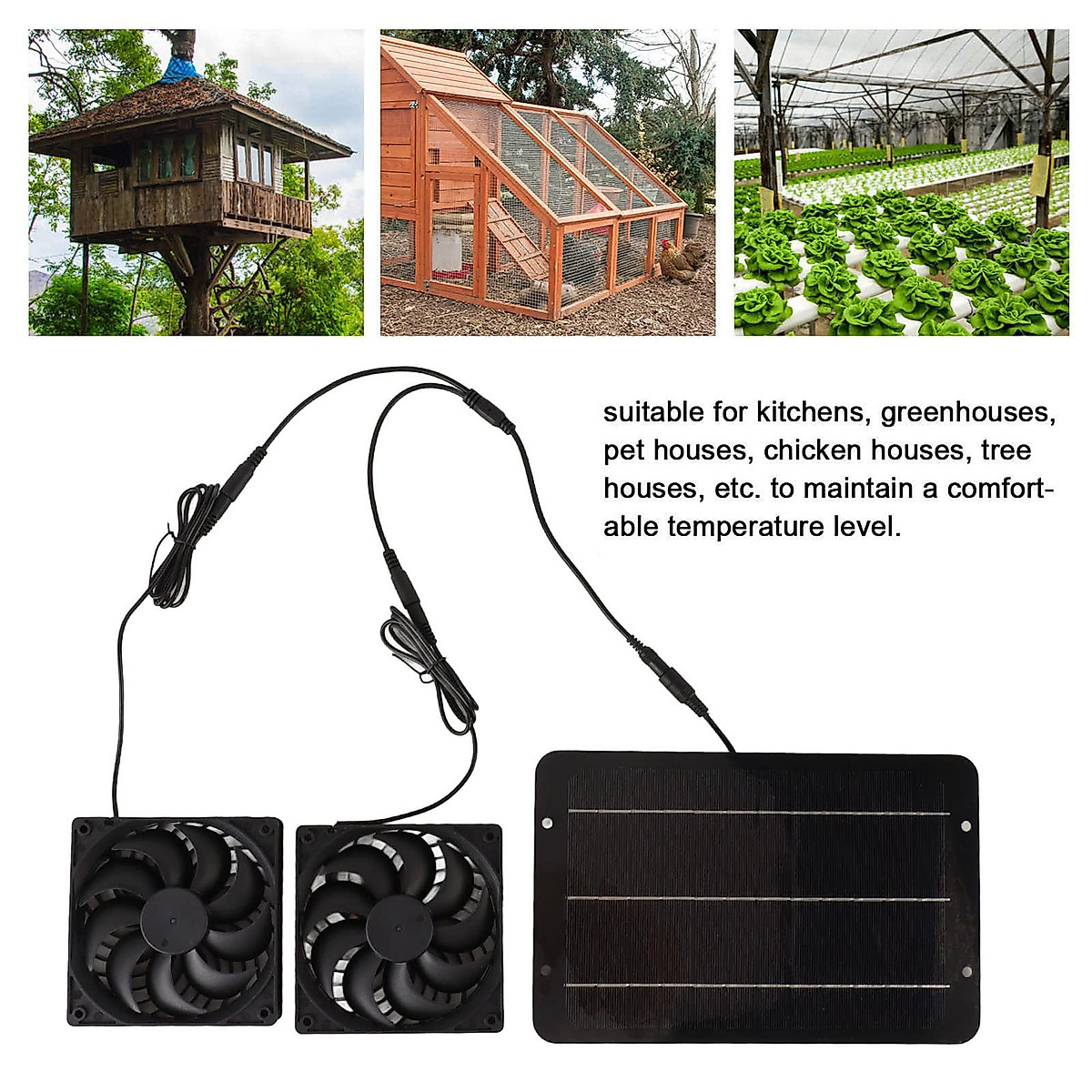 10W 12V Solar Panel Dual Fans Kit, Waterproof Portable Solar Powered Exhaust Ventilation Fan for Chicken Coop Greenhouse Shed PET Houses Window