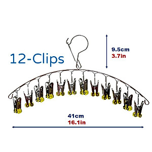 CHERRY GLOBAL Quick Release Arc Stainless Steel Laundry Drying Rack with 12 Clips,Swivel Hook Wind-Proof Clothes Hanger Rack for Sock, Bras, Underwear, Laundry Accessories