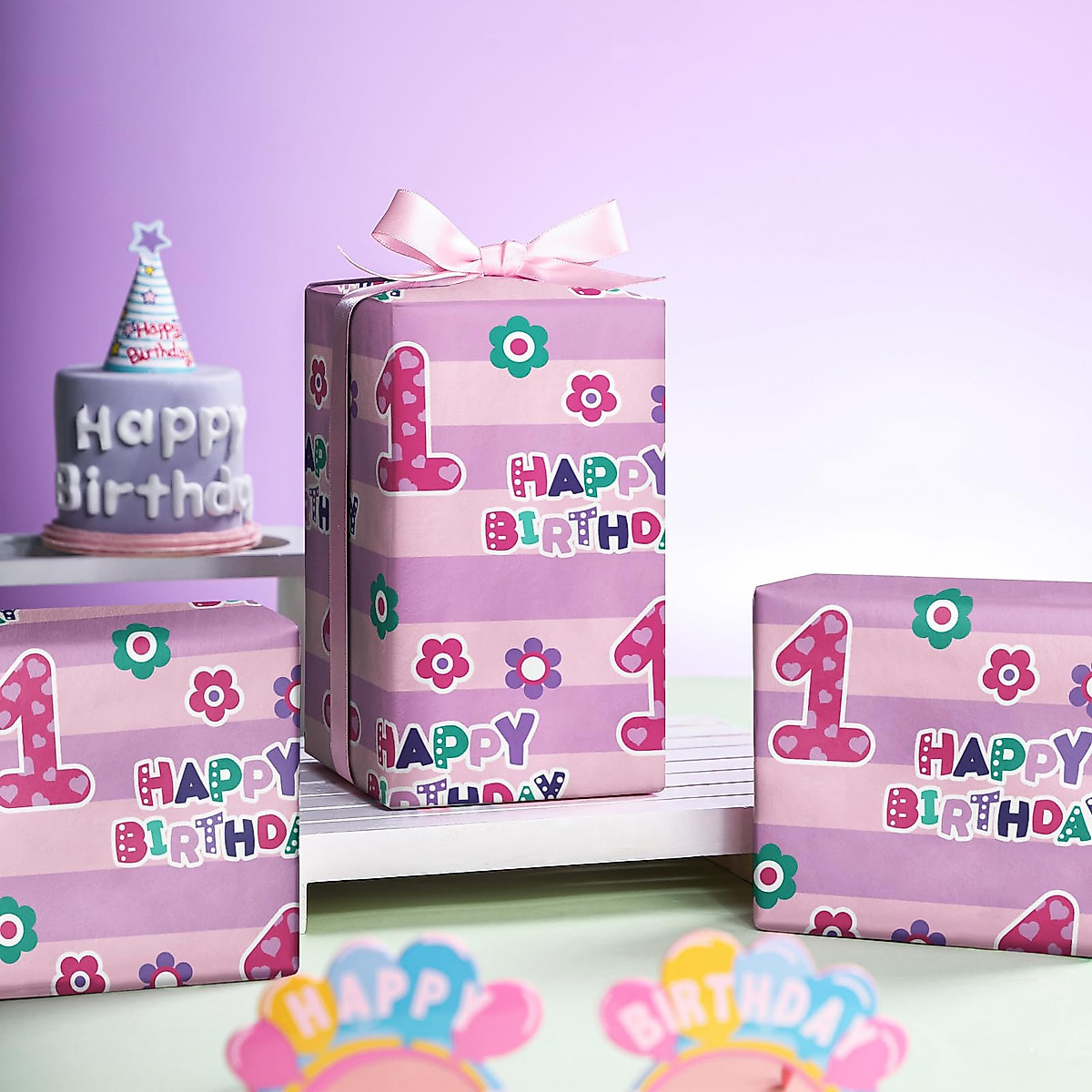 WRAPAHOLIC 1st Birthday Wrapping Paper Sheet - 6 Sheets Pink Happy Birthday with Floral Design Folded Flat for Birthday, Party, Baby Showers - 19.7 Inch X 27.5 Inch Per Sheet