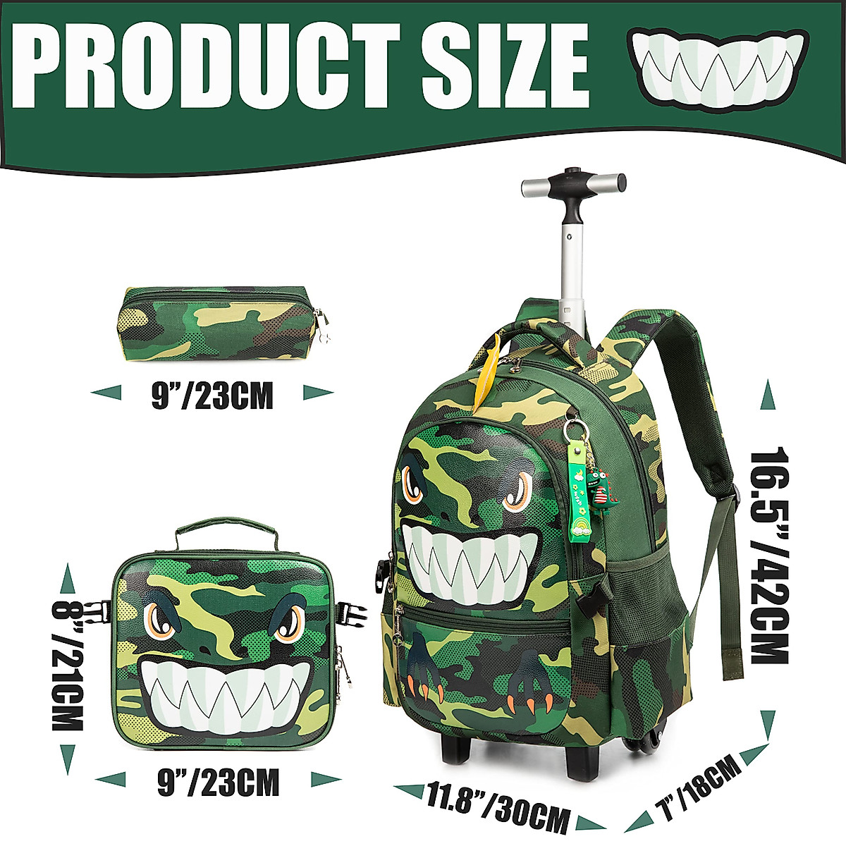 MYHSBYO Dinosaur Rolling Backpack Boys Kids Rolling Backpack with Wheels for Boys Wheeled Backpack Carry on Luggage Bookbag with Roller Set for Elementary