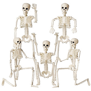 Halloween Skeletons Decorations, 16" Posable Plastic Skeleton 5 Packs, Full Body Skeleton Bulk with Movable Joints, Realistic Spooky Scary Skeletons for Outdoor Indoor Halloween Party Haunted House