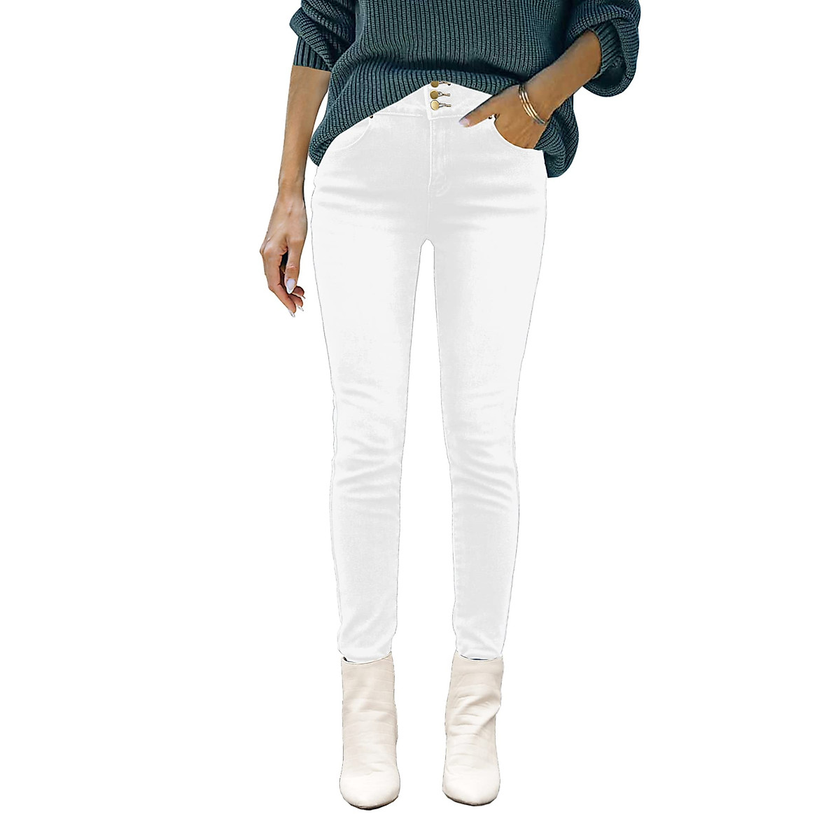 luvamia Women's Fleece Lined Jeans Winter Thermal Denim Jeggings Skinny High Waisted Stretch Warm Leggings Womens White Jeans Brilliant White Size Medium Size 8 Size 10