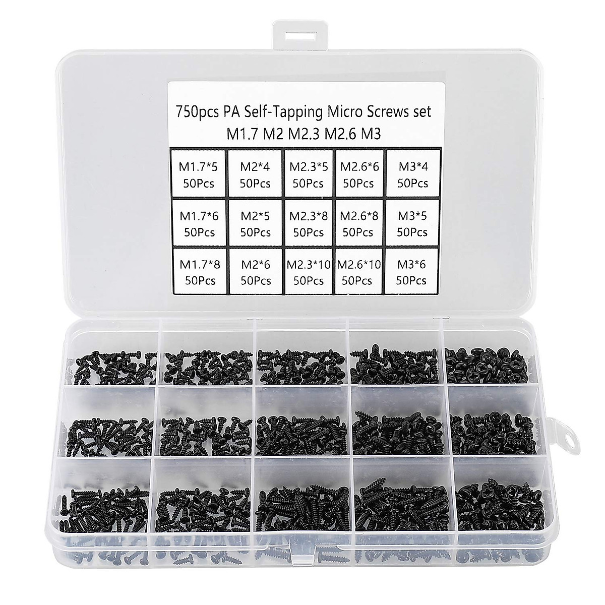 HanTof 750Pcs Small/Micro/Tiny/Mini Self-Tapping Screws,M1.7 M2 M2.3 M2.6 M3 Phillips Pan Head Screws for Laptop Computer Repair,Cross Recessed Wood Screws,DIY Electronic Screws,Carbon Steel (Black)