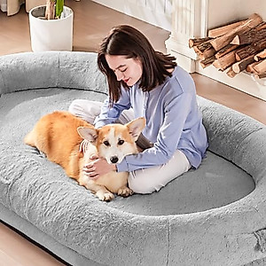 Human Dog Bed for People Adults, Giant Bean Bag Bed with Blanket 72"x48"x10", Washable Faux Fur Nap Bed Adult Oval for People, Families, Pets Removable Large Memory Foam Human Sized Dog Bed Grey