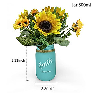 FADALO ART Mason Jar Decor Fake Flower Sunflowers Centerpieces for Dining Room Table Decorations for Living Room Rustic Farmhouse Decor Coffee Table Decor, Teal Blue#01