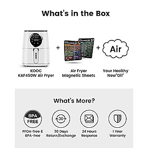 [NEW LANUCH] KOOC Large Air Fryer, 4.5-Quart Electric Hot Oven Cooker, Free Cheat Sheet for Quick Reference Guide, LED Touch Digital Screen, 8 in 1, Customized Temp/Time, Nonstick Basket, White