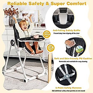 BABY JOY High Chair for Babies & Toddlers, Foldable Highchair with Adjustable Backrest/Footrest/Seat Height, Double Removable Trays, Detachable Seat Cushion, 4 Lockable Wheels (Black)