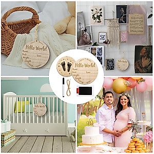 Wooden Baby Announcement Sign, 5.9 inch Baby Birth Announcement Sign with Ink Pad Markers Hello World Newborn Sign Baby Nursery Name Sign for Birthday Baby Showers Photo Props