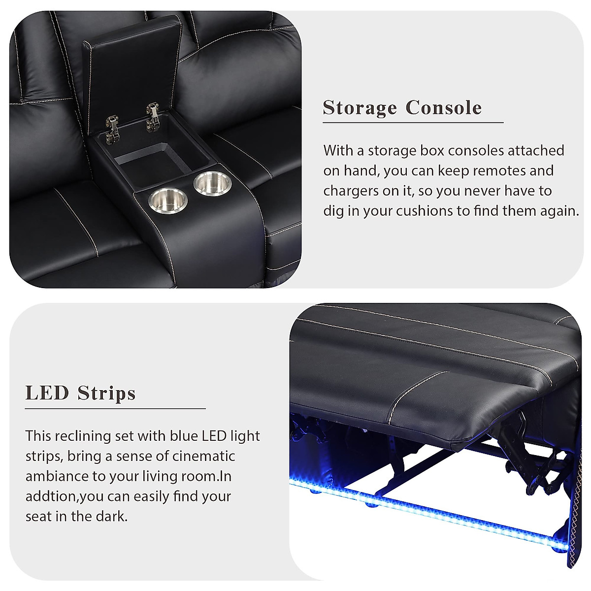 Yoglad Sectional Sofa with Recliner Manual Reclining Sectional Sofa with LED Lights Faux Leather Couch with Center Console/Cup Holders for Living Room, Home Theater, Black 102.4" Dx 97.6" W