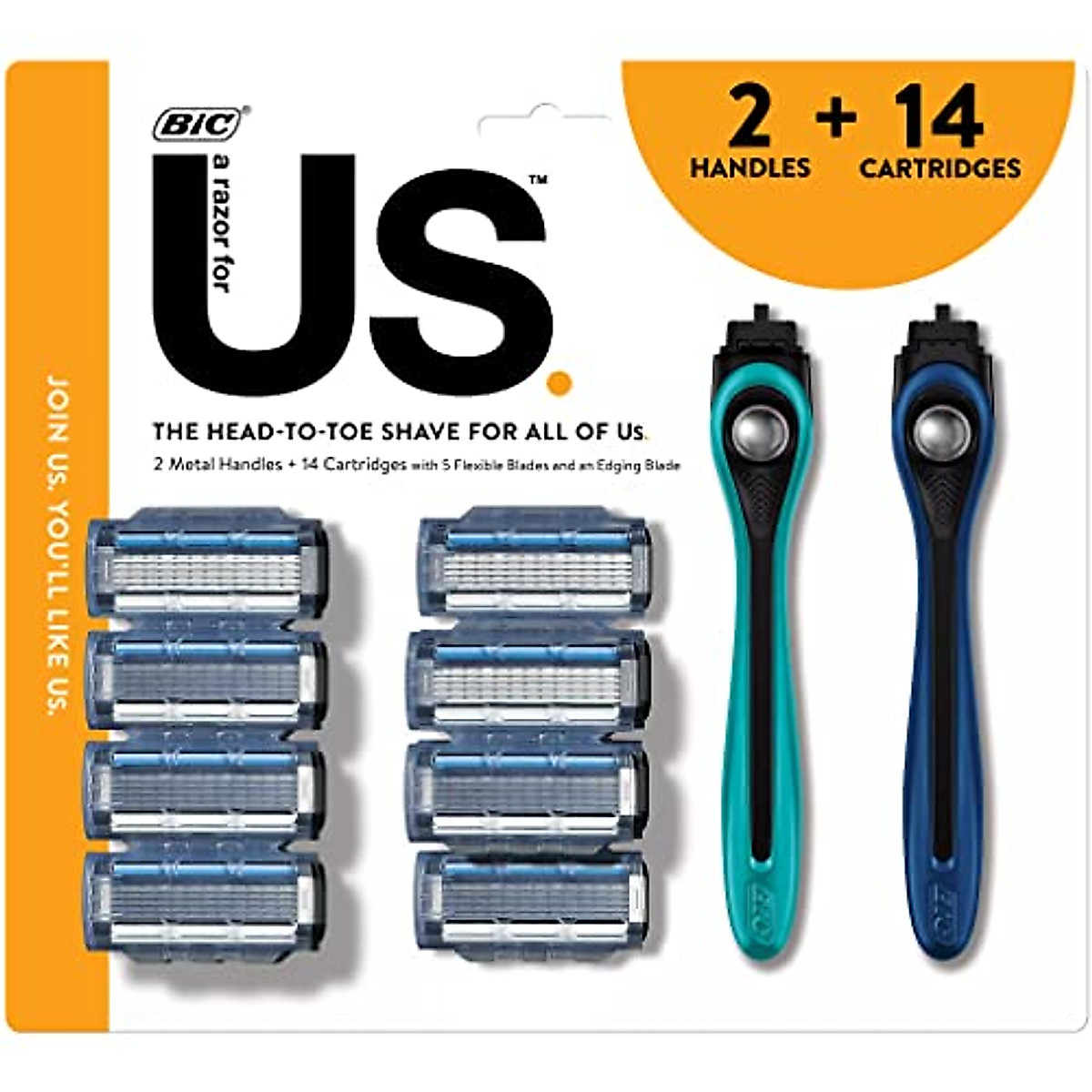 BIC US 5-Blade Unisex Shaving Razor For Men and Women, Lubrication Strip For a Smooth, Close Shave, 14 Cartridges + 2 Handles