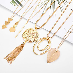 Fesciory 6 PCS Long Pendant Necklace for Women, Gold Bar Circle Leaf Triangle Tassel Y Necklace Set(Set 2)