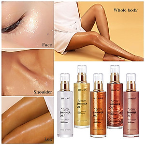 Liyalan Shimmer Body Oil Golden Brown 5 Color Bronze Face Glow Pearl Highlighter Illuminator Body Makeup Shine Glitter Gold Liquid Taning(3.38 Fl Oz/#04)