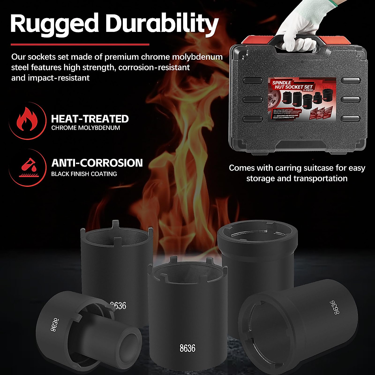 Spindle Nut Socket Tool Kit 5 Pcs Axle Hub Lock Nut Socket Set 1/2” Drive Wheel Drive Spindle Nut Remover Installer for Ford Dana 50/60, Chevy, and Dodge, Replace# 648636 Lug Out Spindle Socket Set