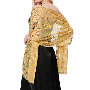 Aukmla Sequin Shawls and Wraps for Evening Dresses 1920s Lace Scarf Wedding Spakle Cape Cover Up Wedding Accessories(A Gold)