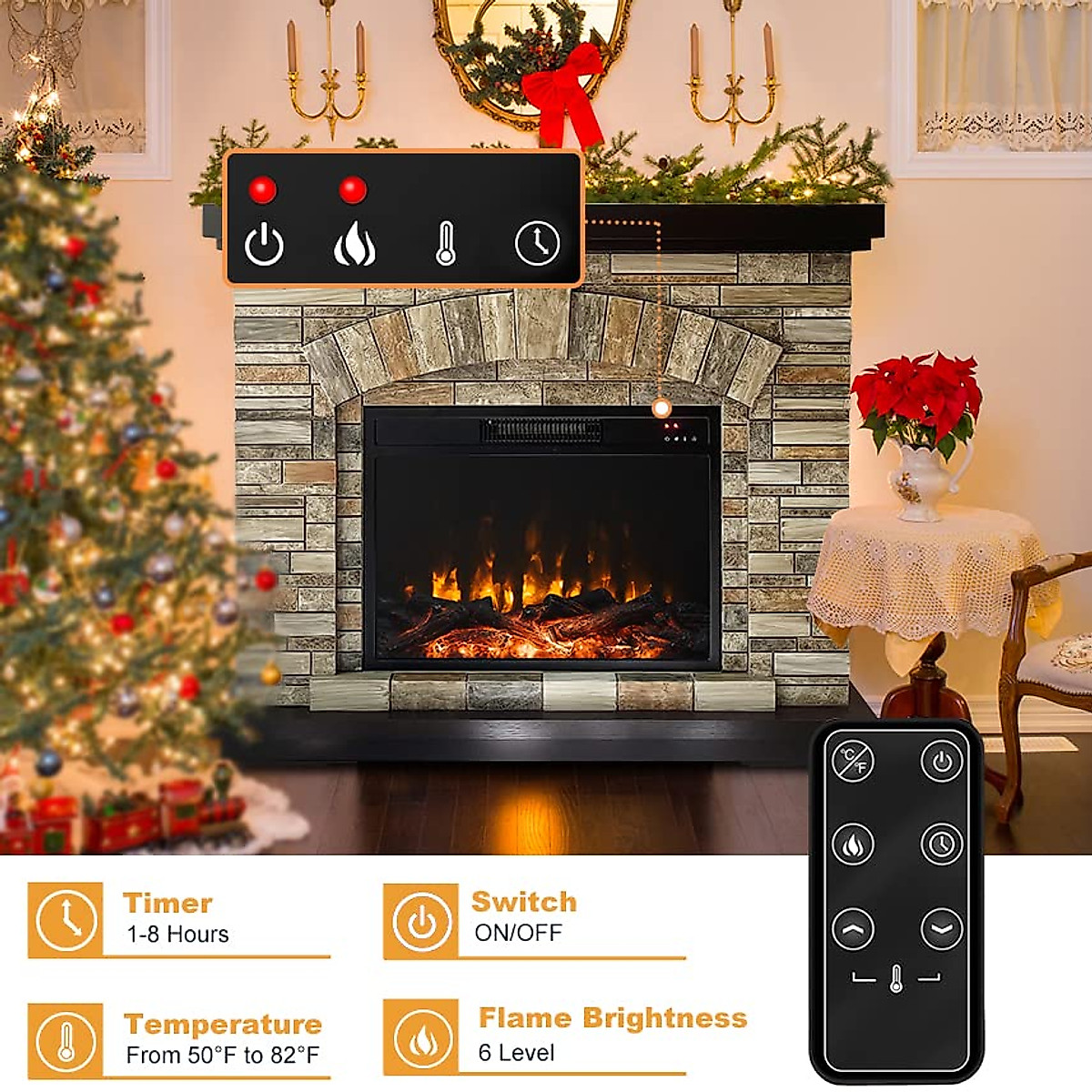 Electric Fireplace with Mantel, Tall Fire Place Heater Freestanding with Remote Control Timer LED Flame for Living Room Bedroom