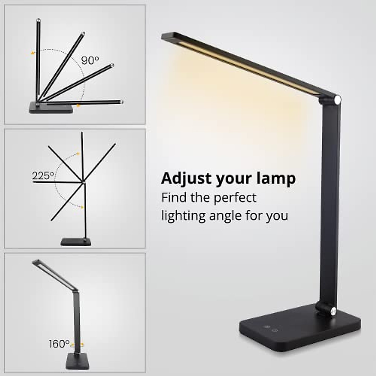 NUOVA GERMANY LED Desk Lamp Eye Protection, Foldable Touch Control Lamp for Kids Room, Office, with USB Charging Port, Dimmable, 5 Lighting White Modes 2800K-6500K (Black)